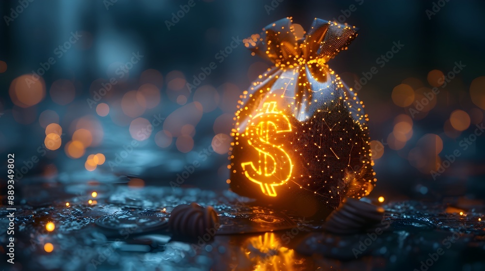 Glowing Digital Gold Money Bag Representing Futuristic Wealth and ...