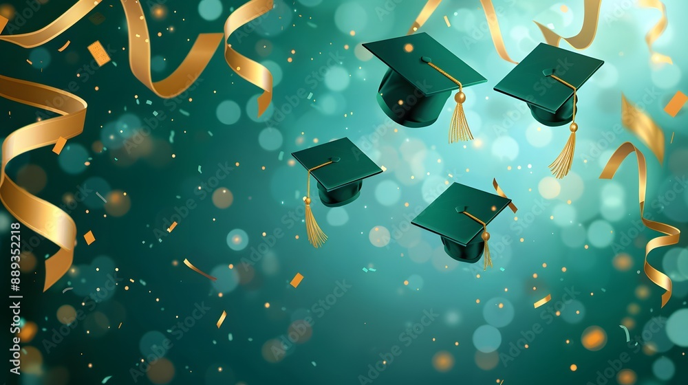 Graduation. Transparent background with realistic flying black degree ...