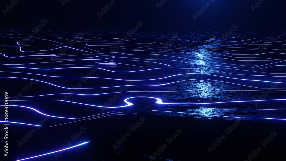 4k looped animation. Flight over hi tech pattern on plane surface, neon ...