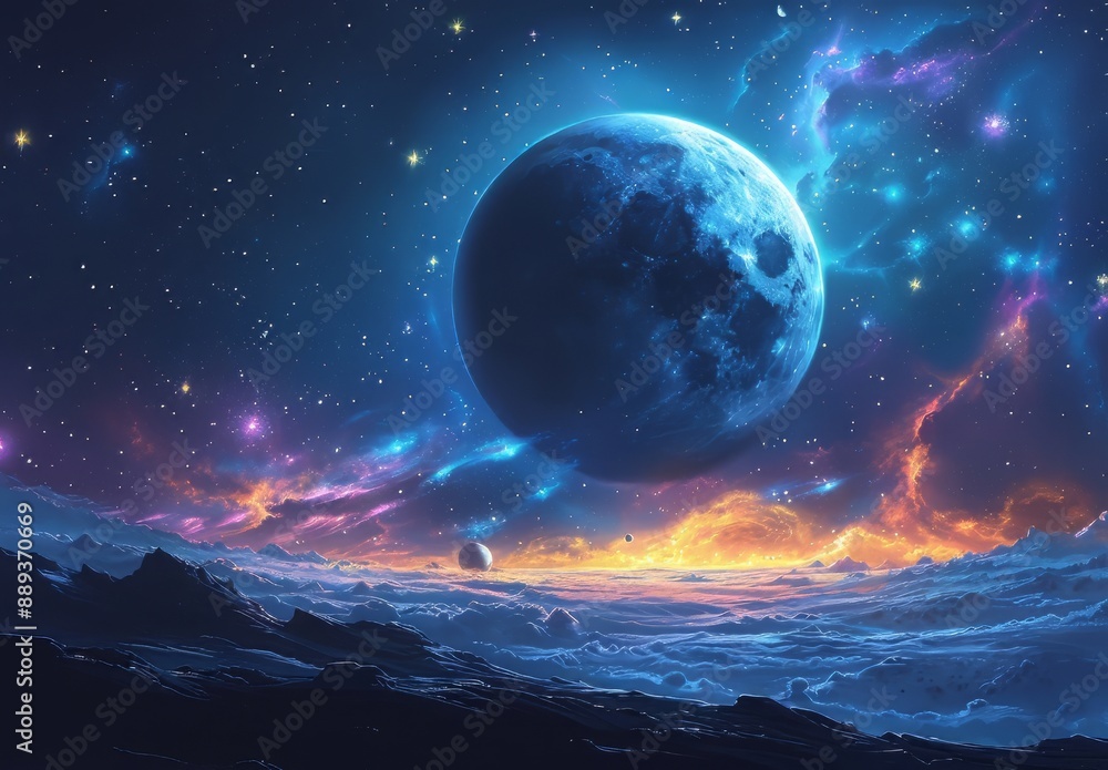 A blue planet with two moons in space, a black background of stars and ...