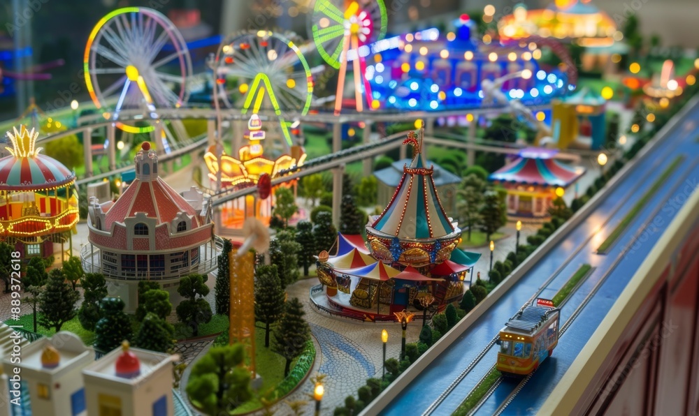 Detailed Miniature Amusement Park Model Featuring Various Attractions ...