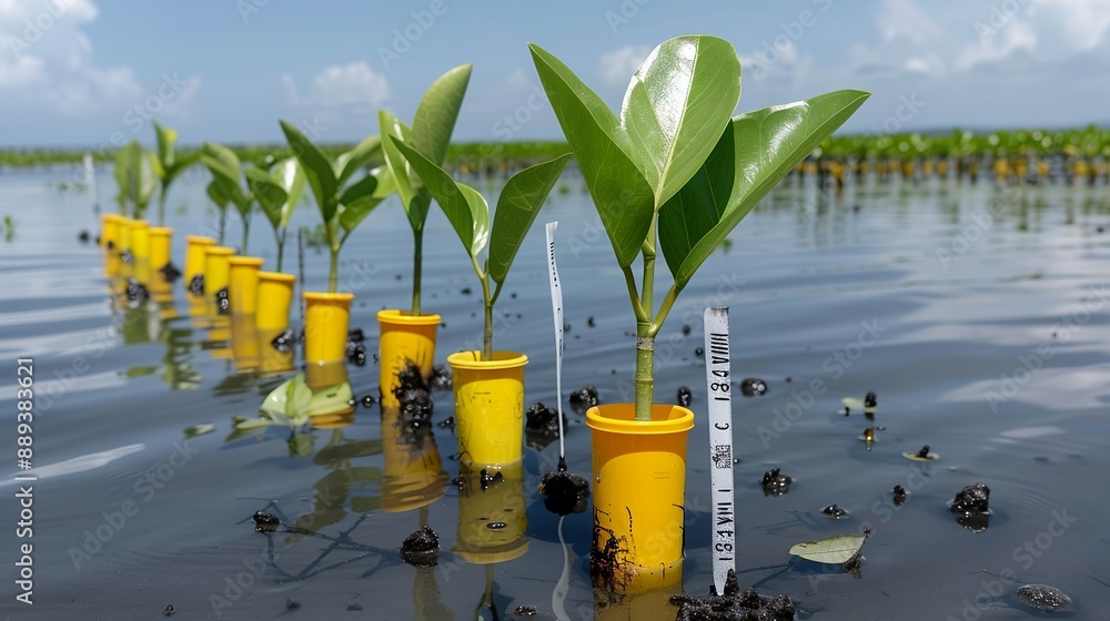 Vibrant scene of a mangrove restoration project, illustrating natural ...
