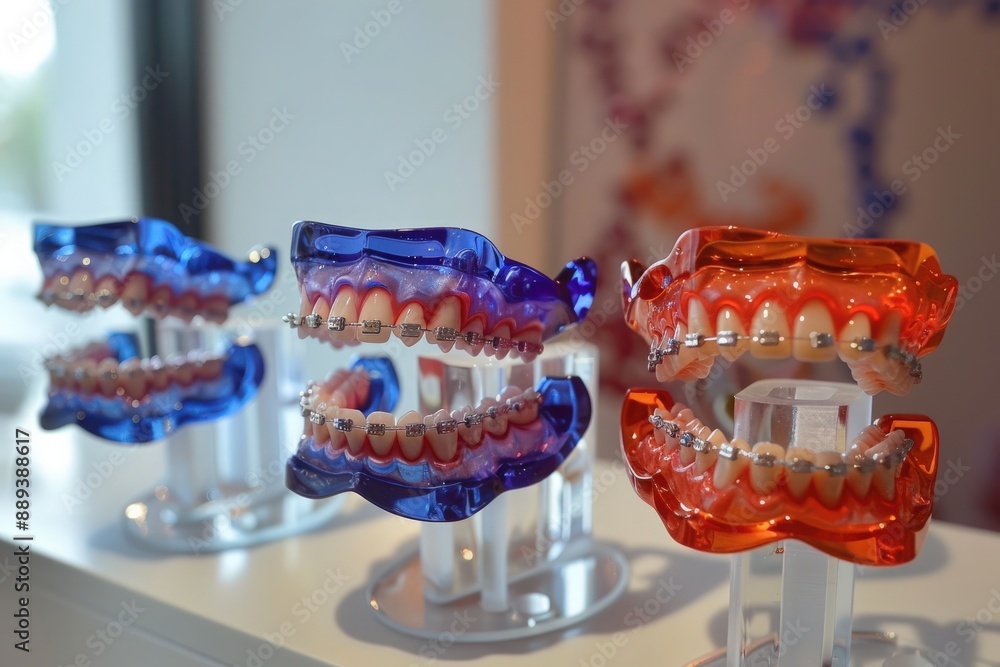 Orthodontic aligners in various colors depict stages of treatment ...