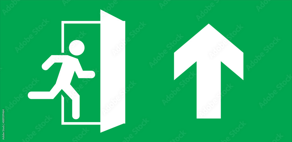 Emergency exit sign, running man icon to door, green color, arrow ...