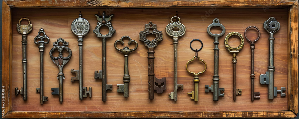 A collection of different types of keys displayed in a shadow box frame ...