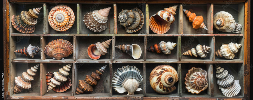 A collection of different types of shells displayed in a shadow box ...