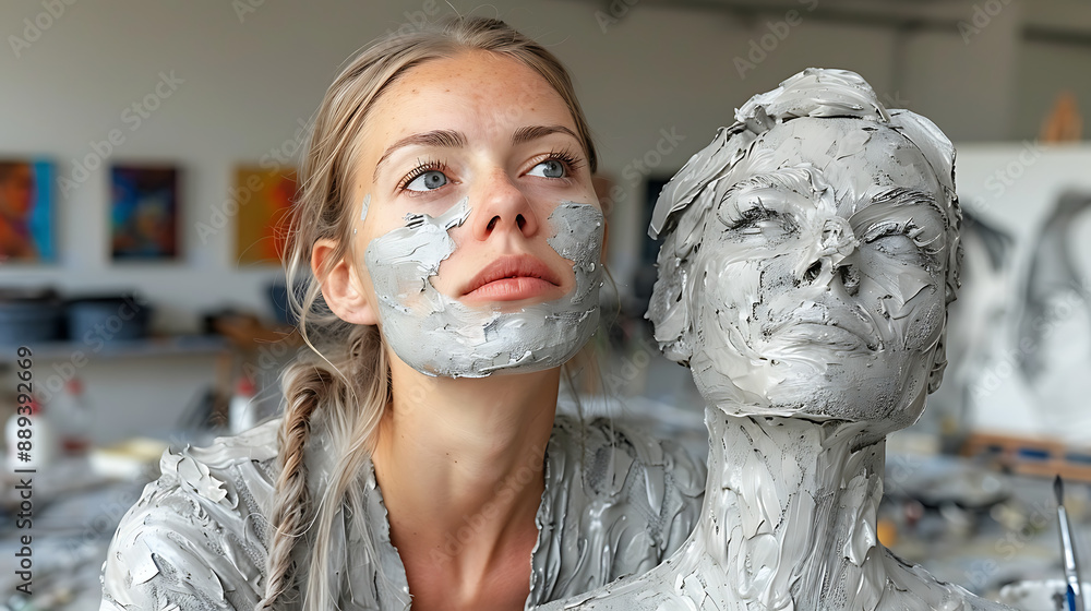 Hyper-realistic image of a student sculpting a clay figure in a college ...