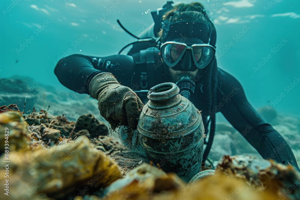 An underwater archaeologist carefully brushes sediment off a centuries ...