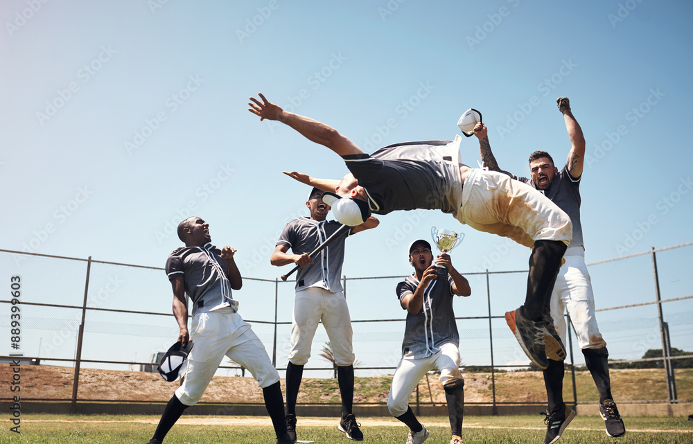 Baseball field, men and team in celebration, winning and backflip for goals, performance or ...