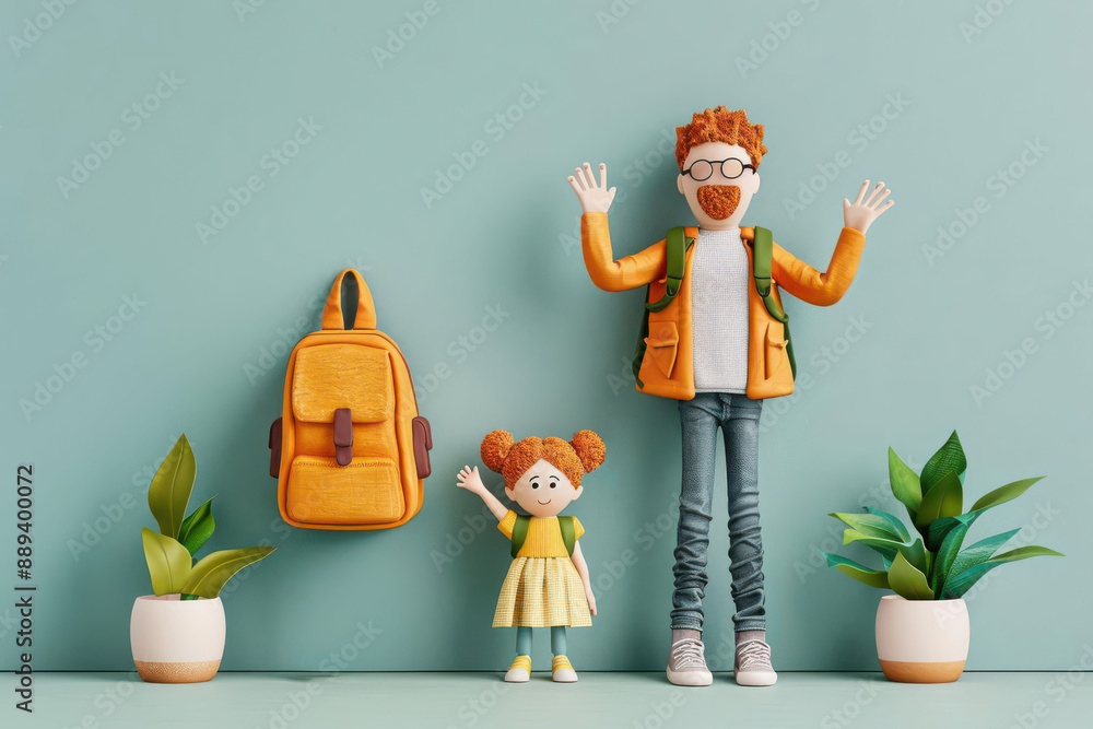 3D clay parent waving goodbye to child, morning drop-off, back to ...