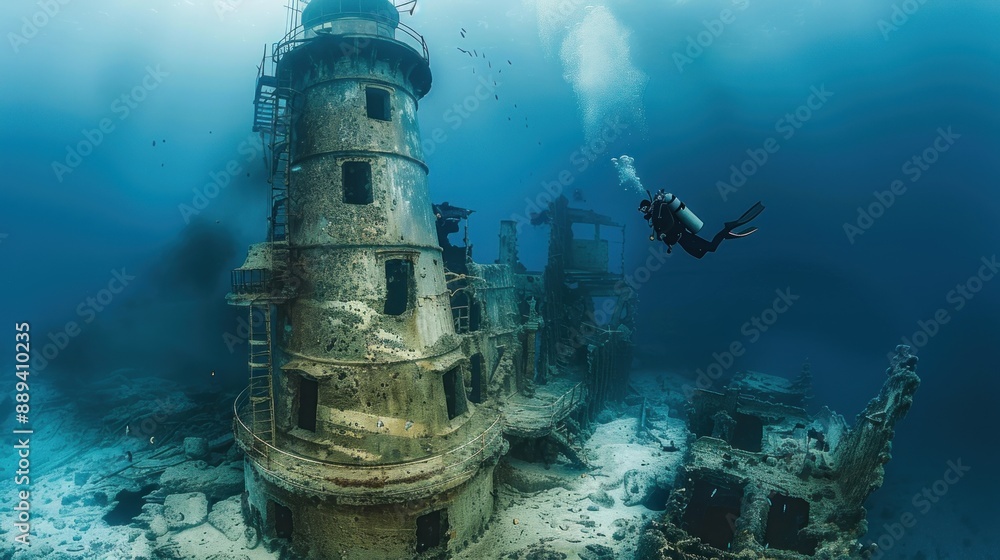 Exploration of a submerged lighthouse, its weathered exterior standing ...