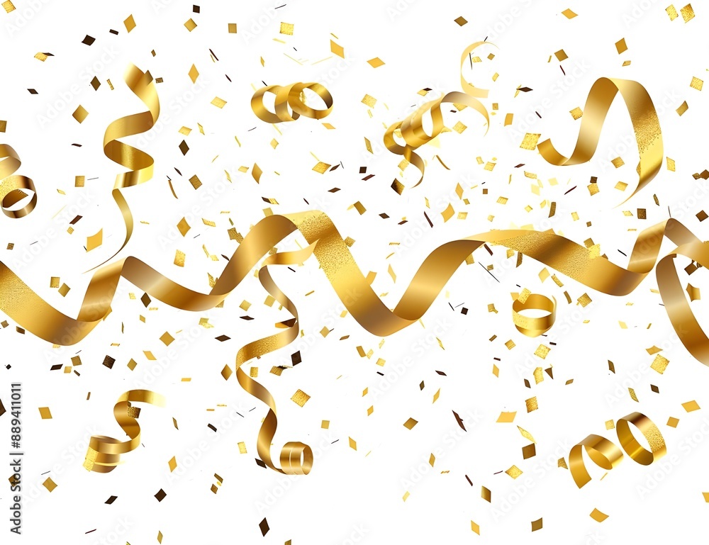 Gold confetti and ribbons on transparent background vector illustration ...