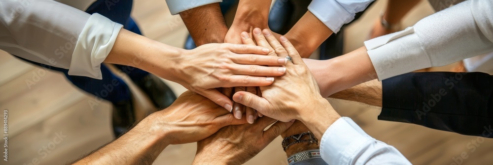 Team Unity Hand Stack in Modern Office - A diverse group of professionals stack their hands ...