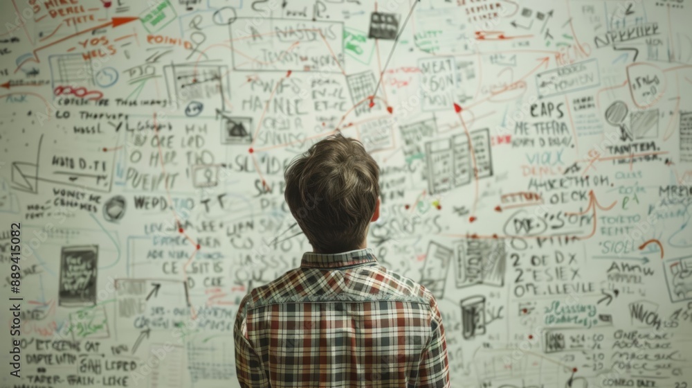 Person looking at a whiteboard full of annotations and arrows, showing ...