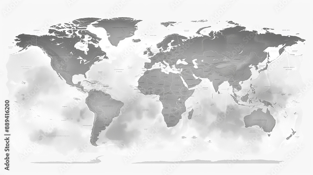 A world map, displaying all the continents in a grayscale color. The ...