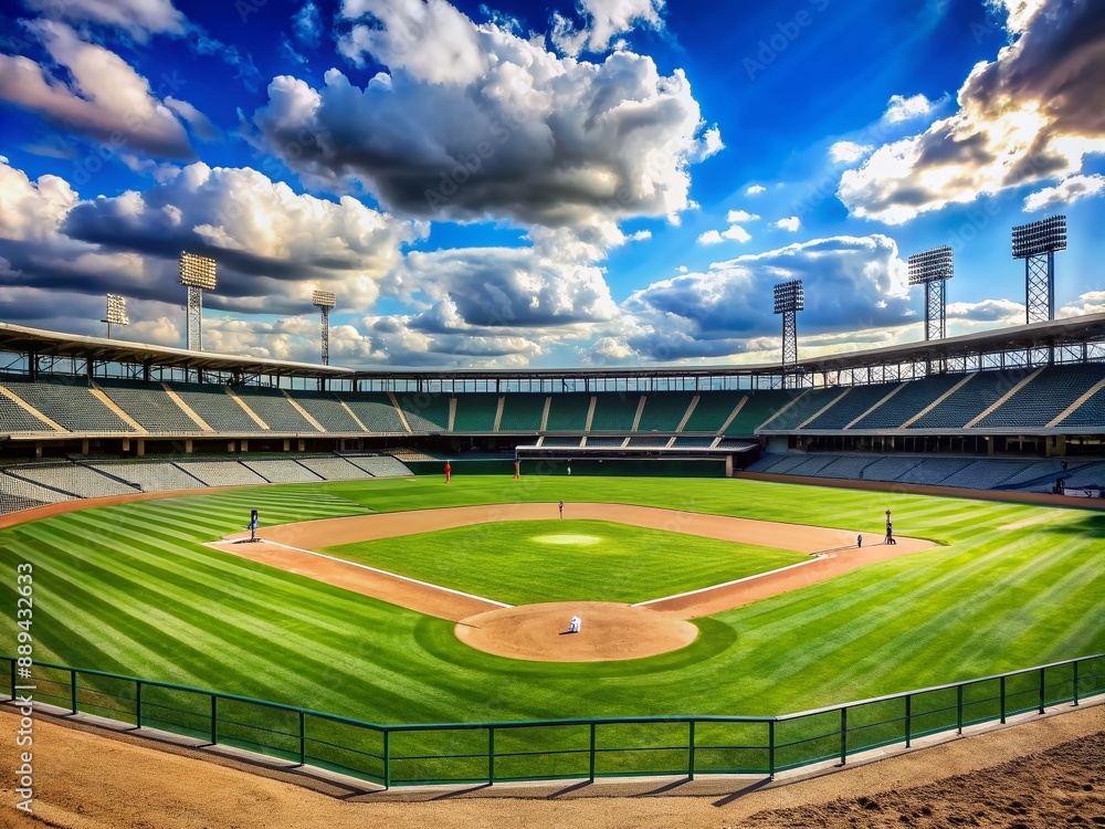 Distant view of an empty baseball stadium, showcasing lush green grass ...