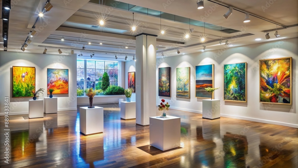 Beautiful contemporary art gallery interior featuring vibrant paintings ...