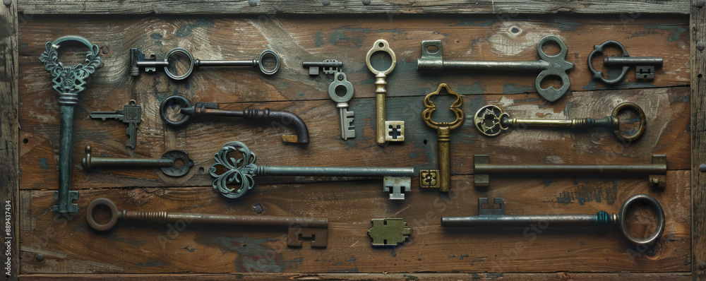 Overhead top down view of a collection of different types of keys ...
