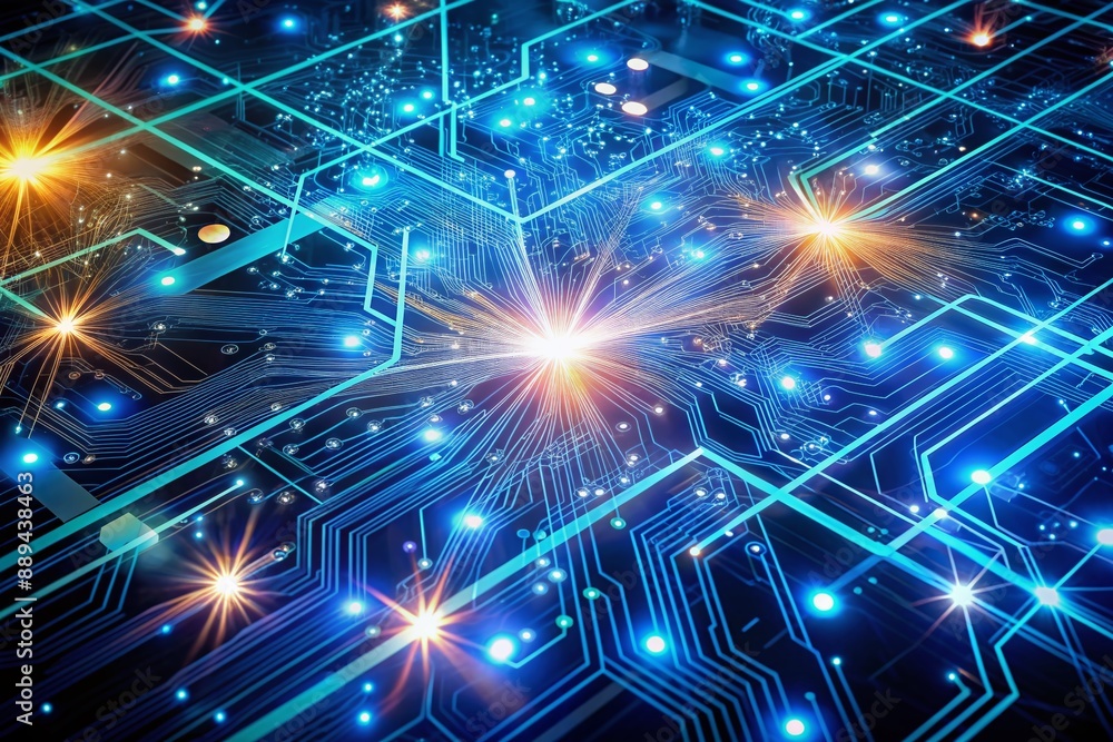 Vibrant glowing circuit boards with sparkling blue light trails ...