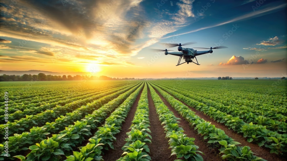 Agricultural drone flying over a green soybean crop field, agriculture ...