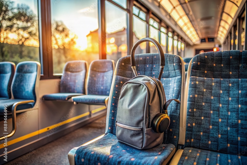 Empty bus seat with headphones and a abandoned backpack, hinting at a ...