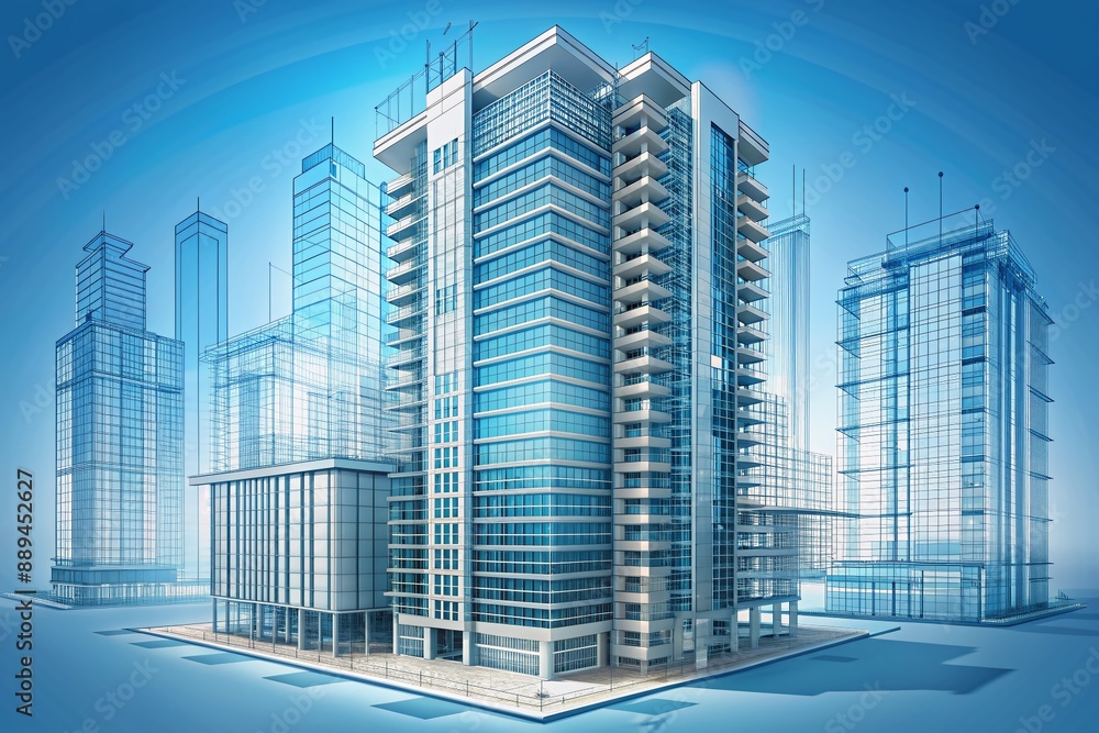Architectural drawing of modern high-rise building design with ...