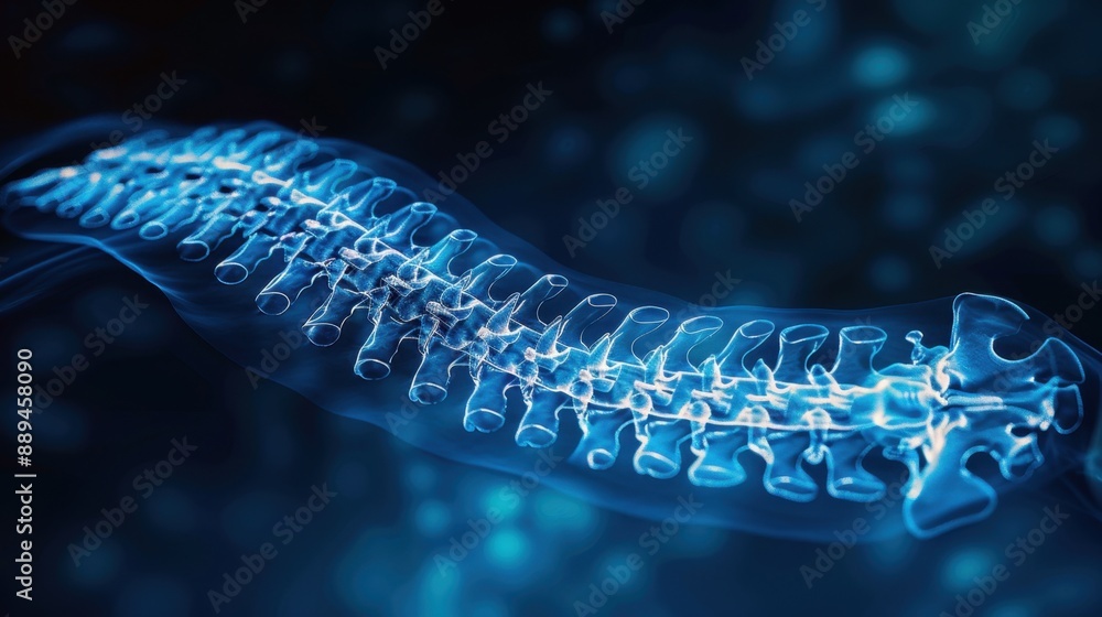 An X-ray of the human spine showing the detailed structure of vertebrae ...