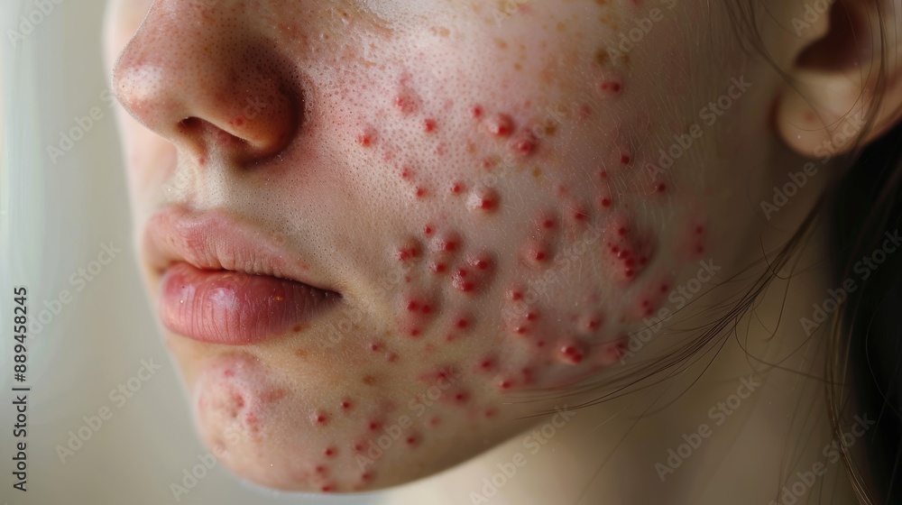 acne on woman face with rash skin, scar, and red skin syndrome allergic ...