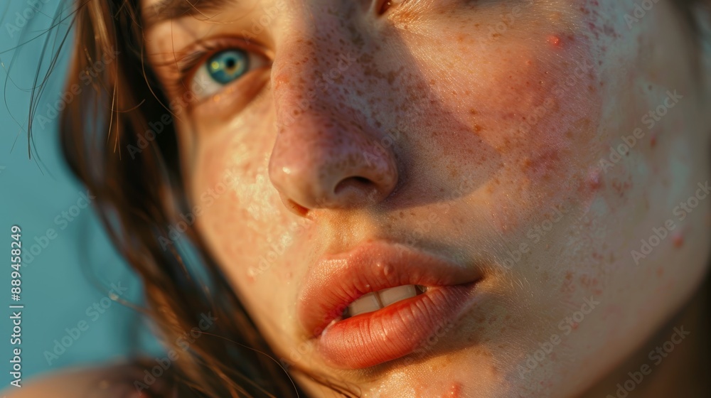 acne on woman face with rash skin, scar, and red skin syndrome allergic ...