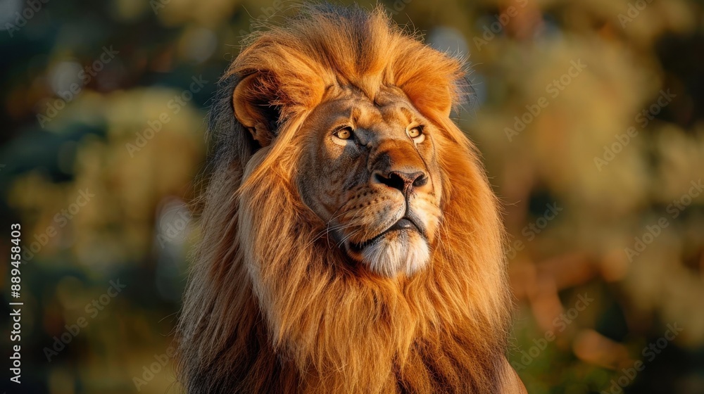 A powerful lion king surveying his territory, standing proudly with his ...