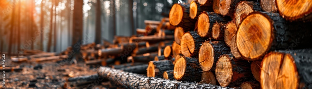 Stacked logs in a forest at sunrise. The cut wood showcases natural ...