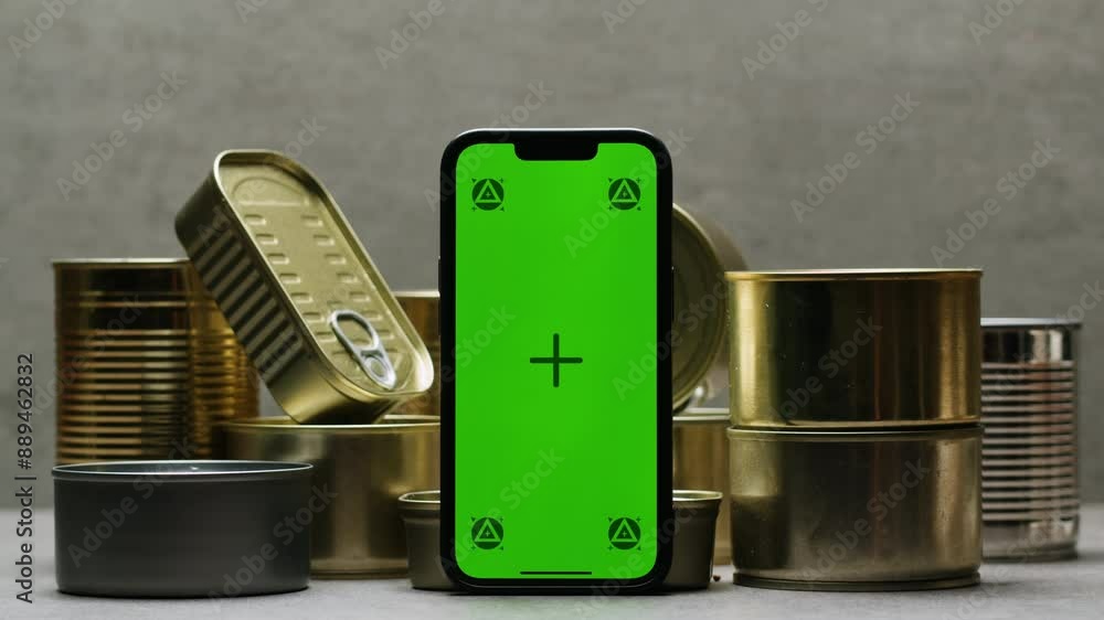 Phone with chroma key green screen among metal cans with canned food ...