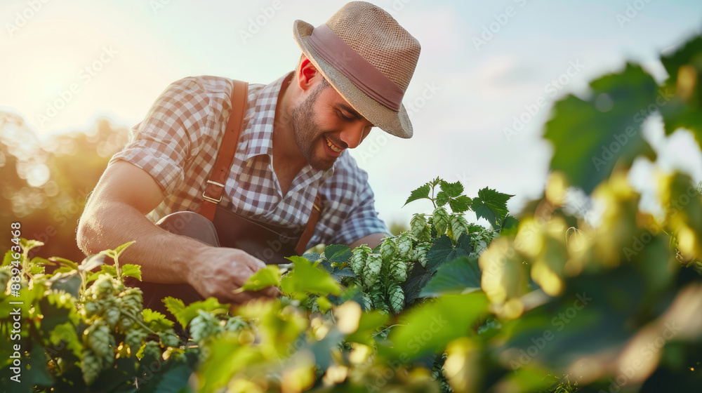 Close-up Man selecting beer hops in a sun-drenched field. Smiling ...
