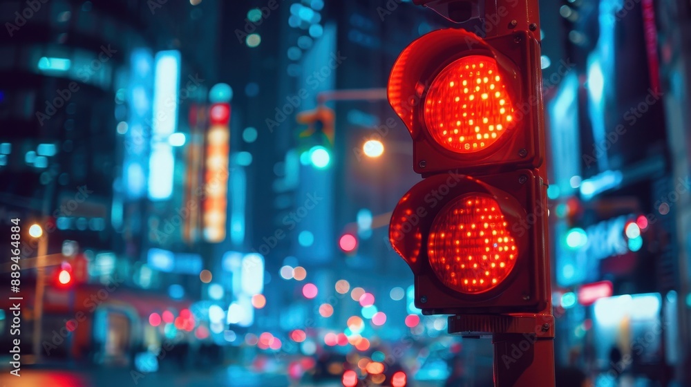 A red traffic light is lit up in a city street. The light is surrounded ...