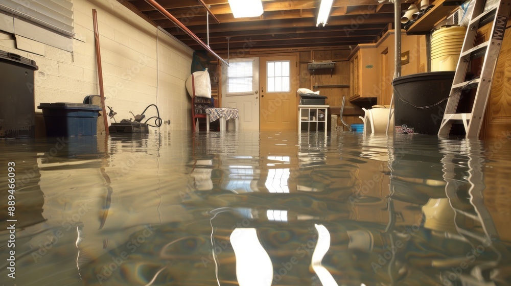 A flooded basement with a staircase leading up to the second floor. The ...