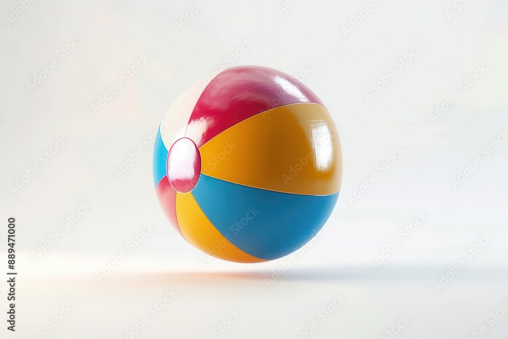 vibrant beach ball suspended in midair against a pure white background ...