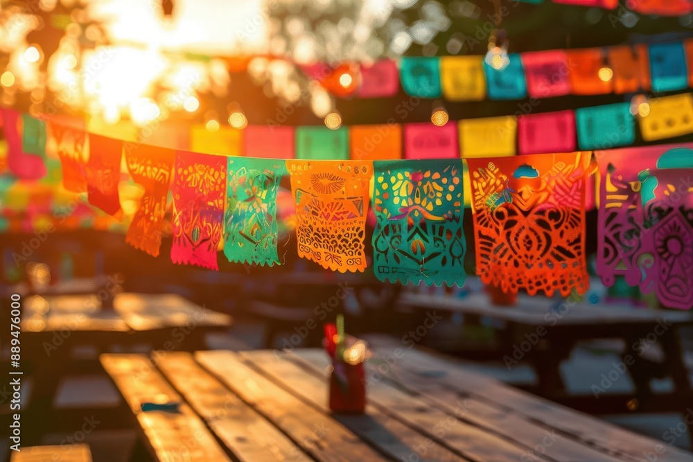 vibrant mexican fiesta scene colorful papel picado banners traditional ...