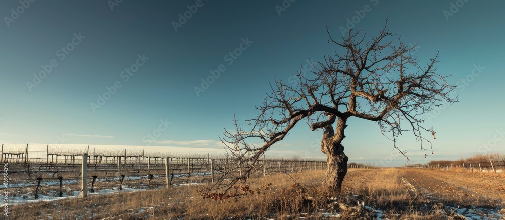 Late in the winter, a vineyard displays an aged, barren fruit tree with ...
