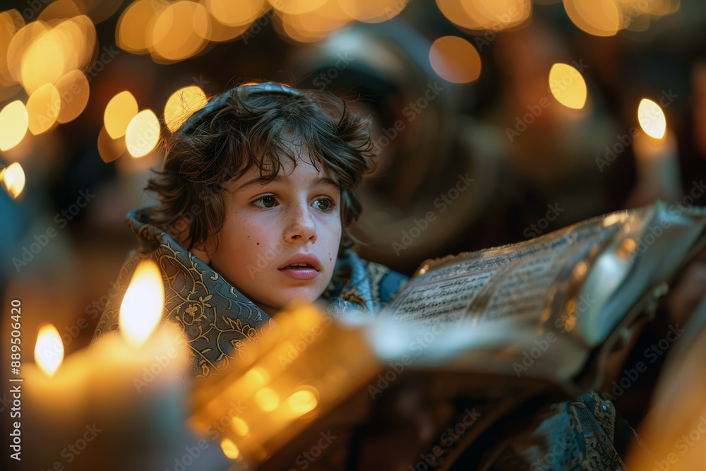 Young boy reads from the Torah during a Bar Mitzvah ceremony. The warm ...
