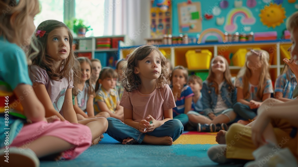 Group of small nursery school children sitting and listening to teacher ...