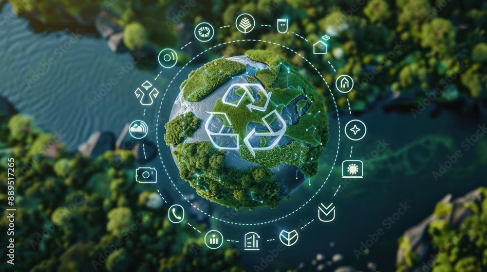 Virtual globe with circular economy icons on natural. background ...
