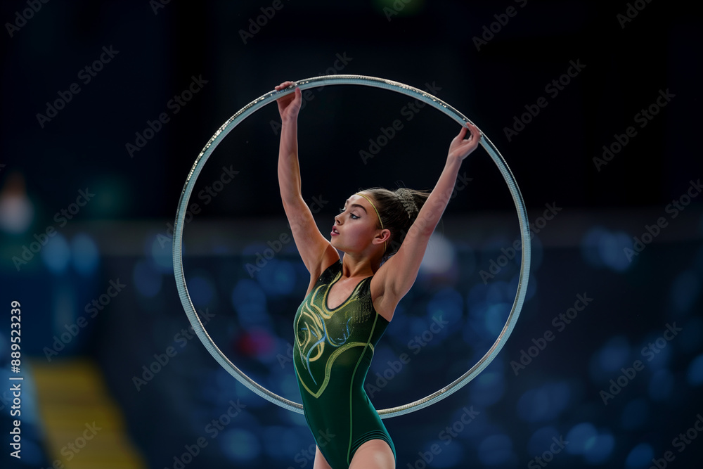 A female rhythmic gymnast performing a hoop routine. Woman in green ...