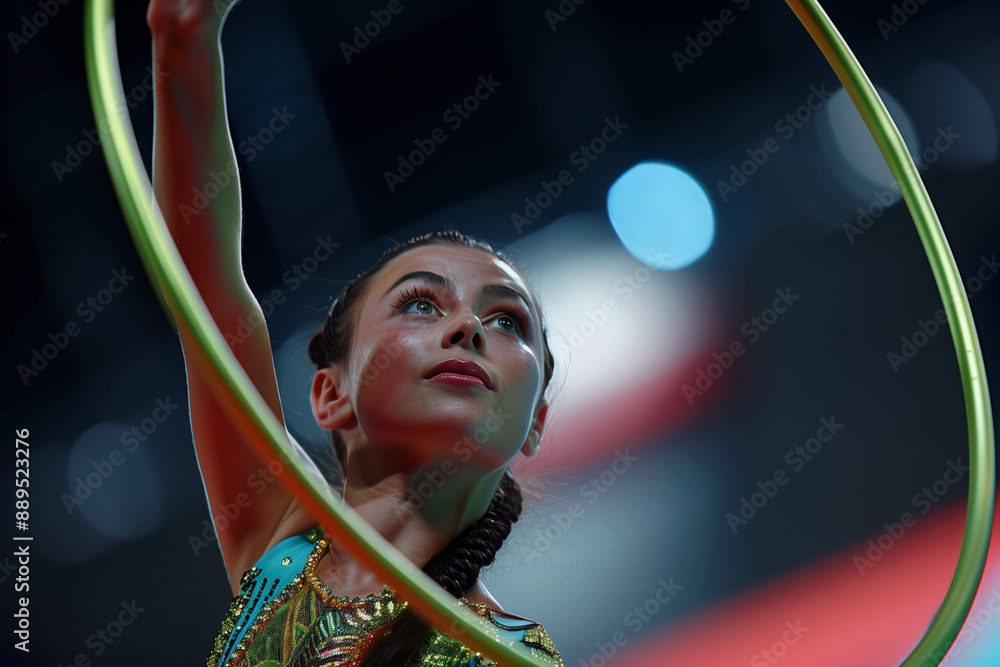 A female rhythmic gymnast performing a hoop routine. Woman in green ...