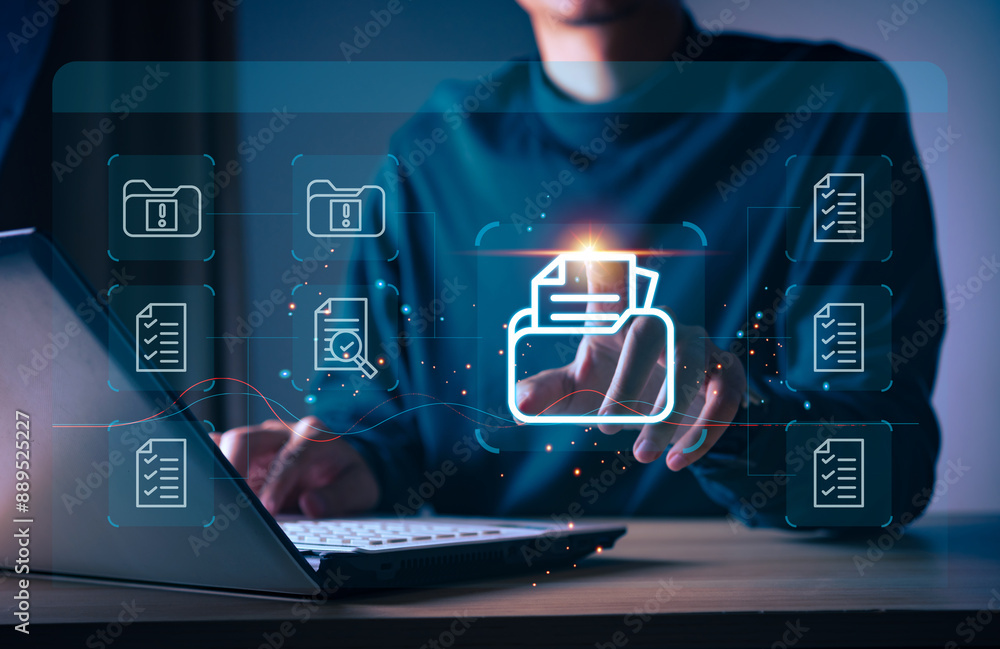 DMS document Management System are Smart office paperless, Businessman pointing folder icon to ...