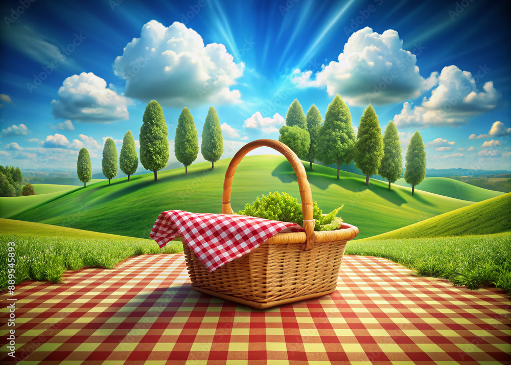 Vibrant picnic basket icon transforms into serene landscape, weaving ...