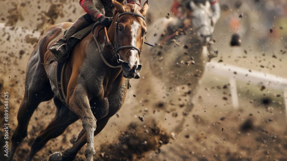 Thrilling scene of a racehorse charging forward, kicking up dirt, with ...
