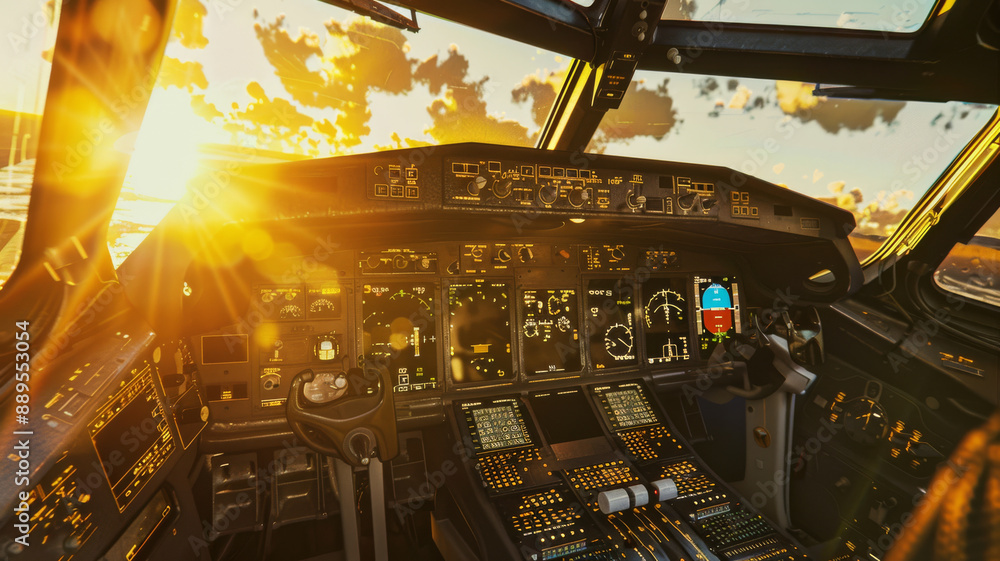 The sunrise floods the cockpit of an advanced aircraft, casting a vivid ...