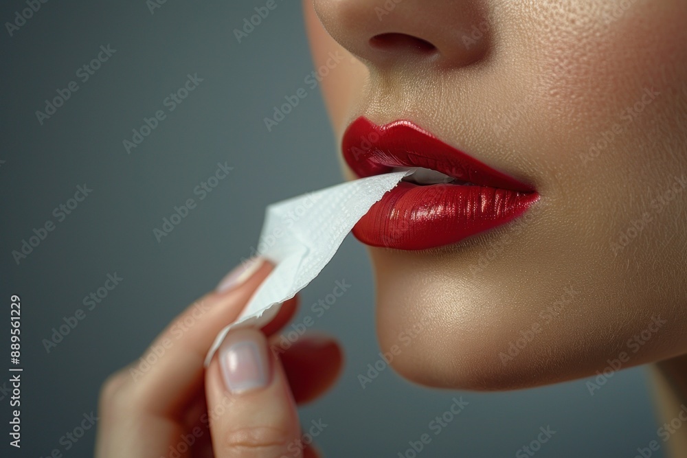 The lipstick tester applies a matte lipstick to her lips and then tests ...