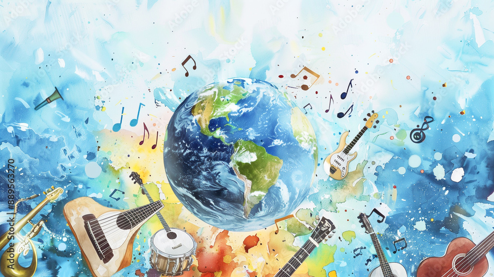 Planet earth with instruments, international music day, listening to ...