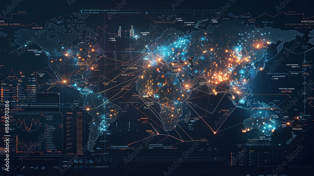 A graphic showing the global spread of a virus, with a world map and ...